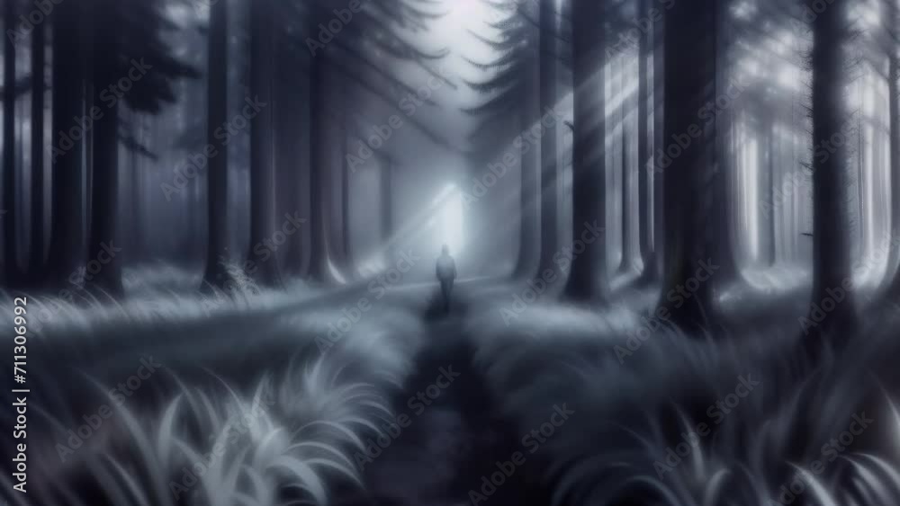 Dark scary forest covered with dense fog. Misty atmosphere and ...