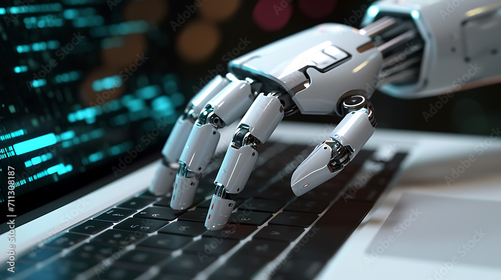 Automation at Work, 3D Render of Robotic Hand on Laptop Keyboard Stock ...