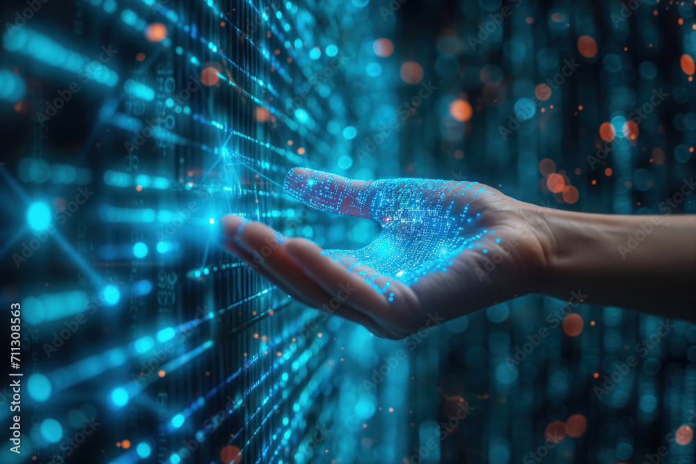 human hand reaching for a matrix of glowing blue digital data points ...
