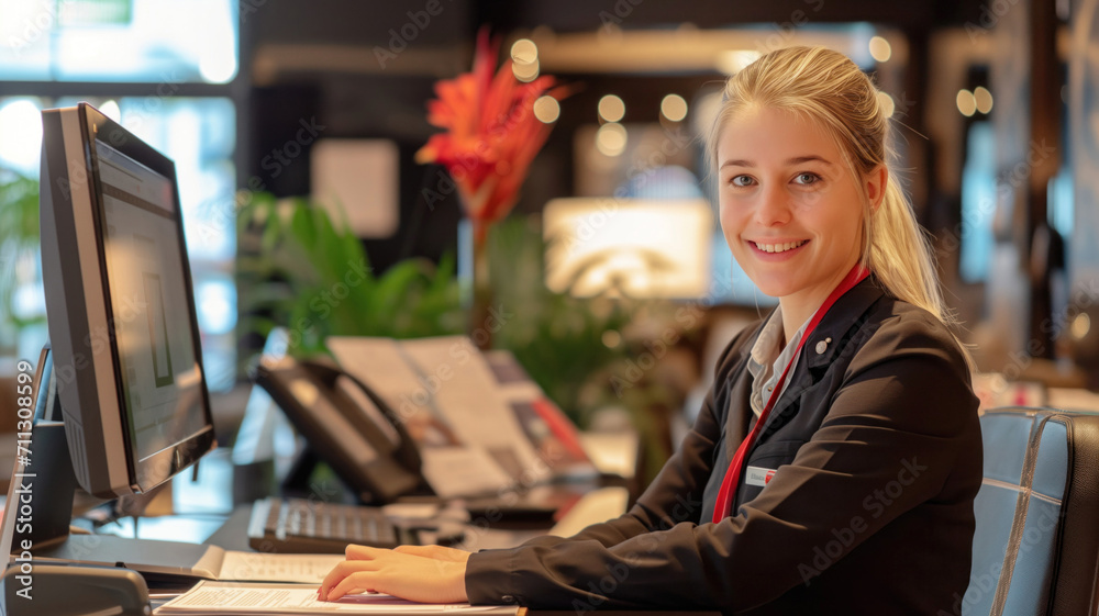 cheerful female receptionist at the front desk of a hotel. She is ...