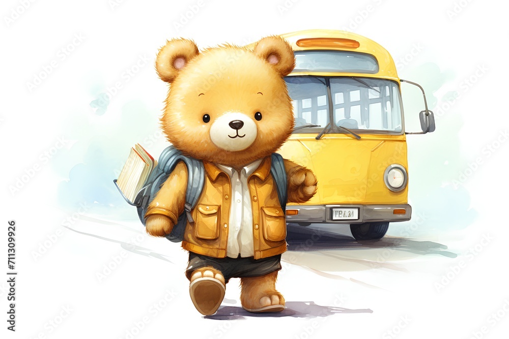 cartoon scene with school bus and cute teddy bear - illustration for ...