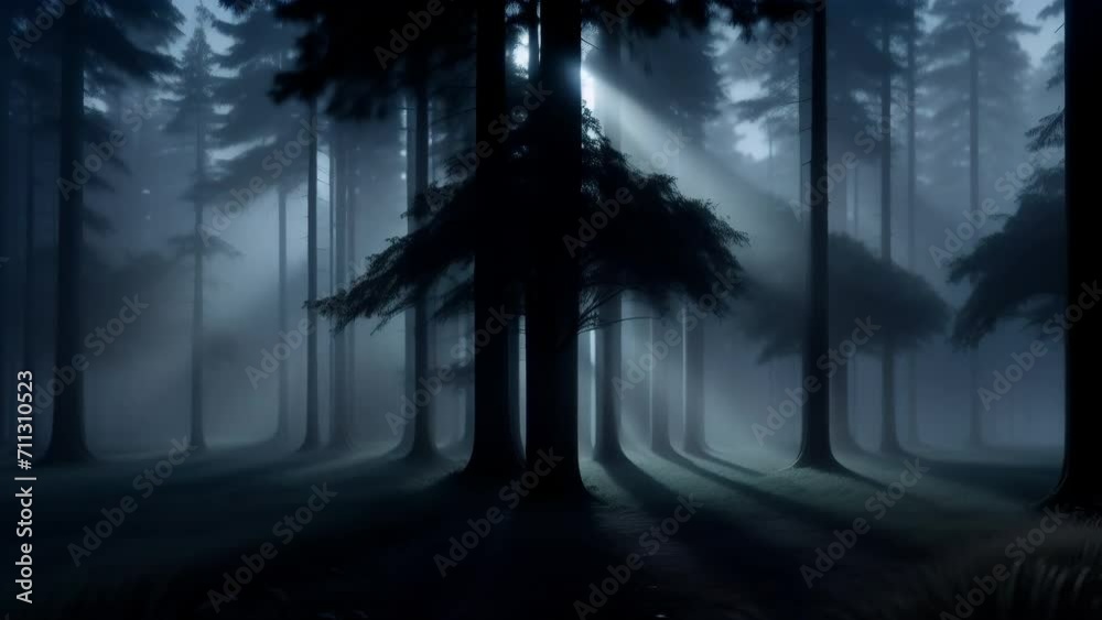 Dark scary forest covered with dense fog. Misty atmosphere and ...