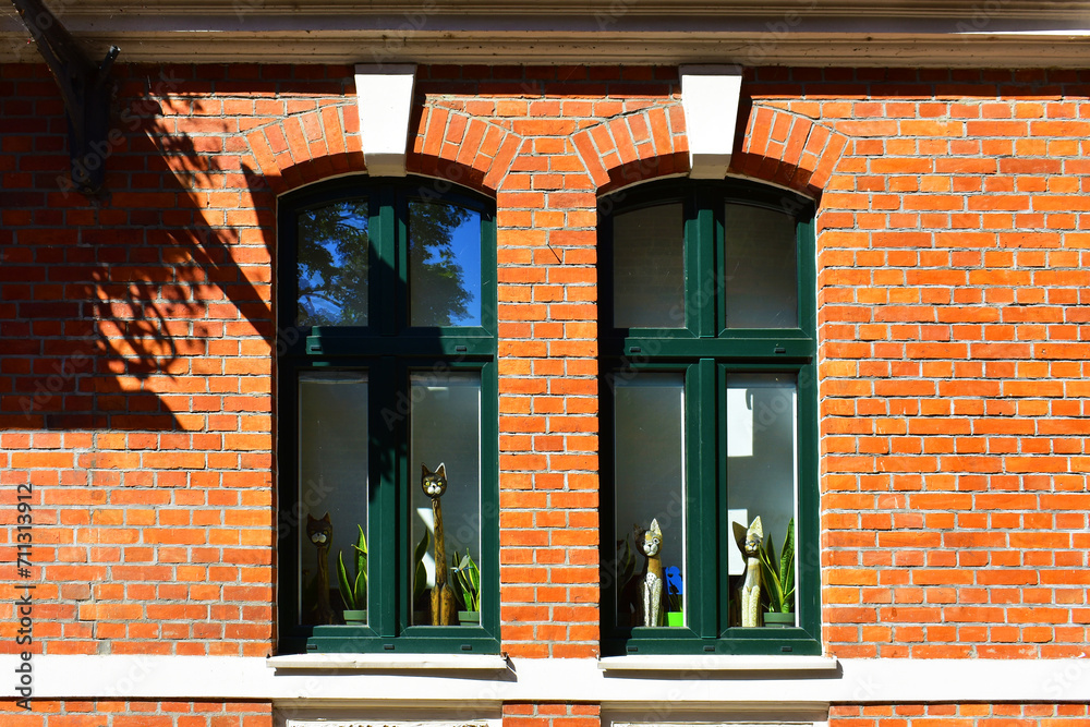 Facade of the historic building with two long windows, green dark ...