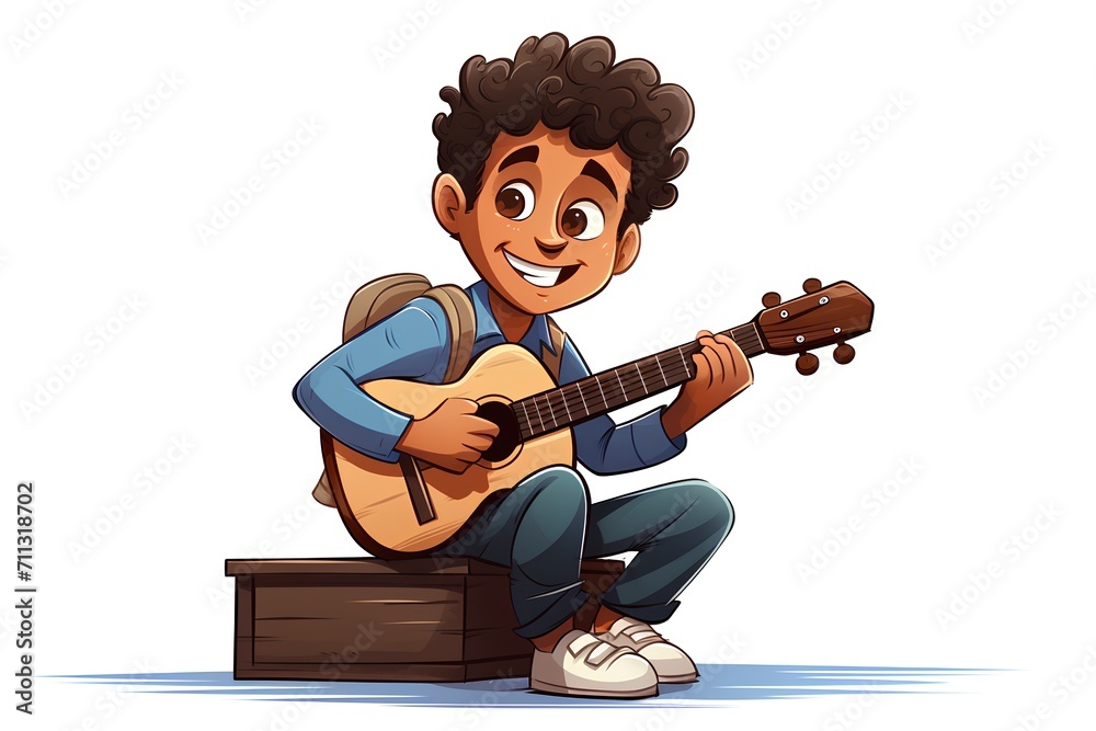 Cartoon boy playing guitar. Vector illustration isolated on white ...