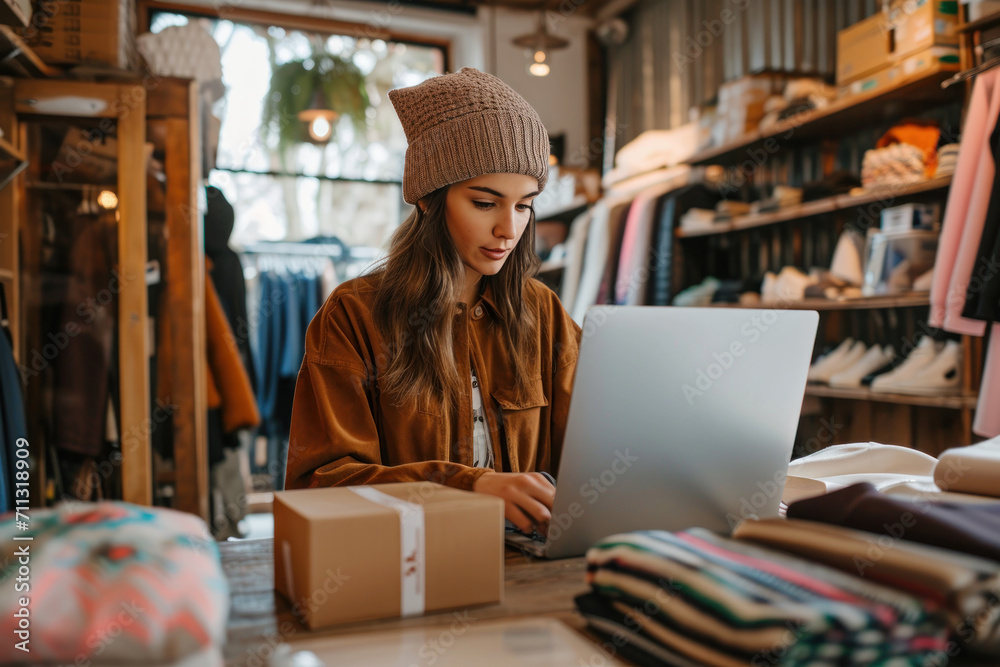 Stylish small business owner woman using laptop in office. Ecommerce ...
