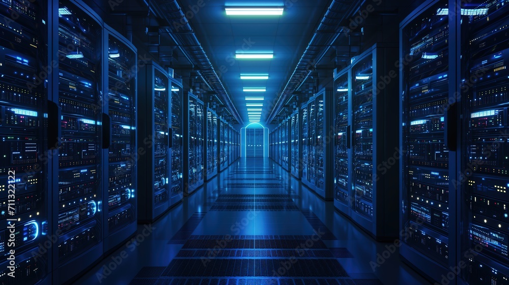 Server towers inside a data center. Server racks in a blue metal room ...