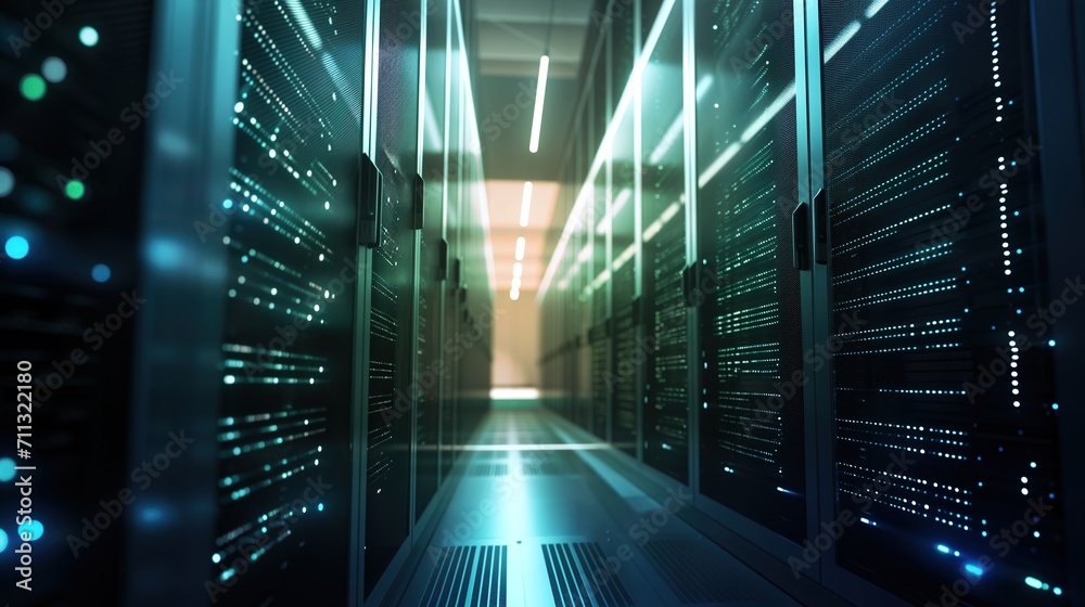 Server towers inside a data center. Server racks in a blue metal room ...