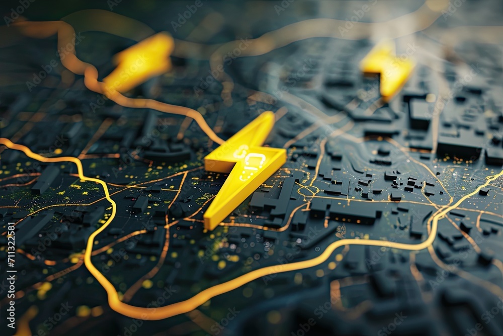 Yellow lighting bolt signs on a map guide the way to navigate EV ...