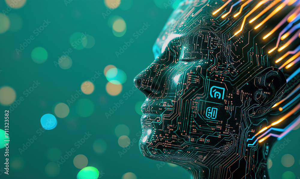 Abstract digital human head constructed from electrical circuits ...