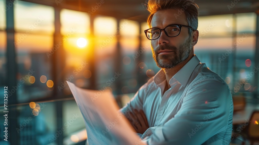 Suave entrepreneur strategizing in a high-rise office, mapping out ...