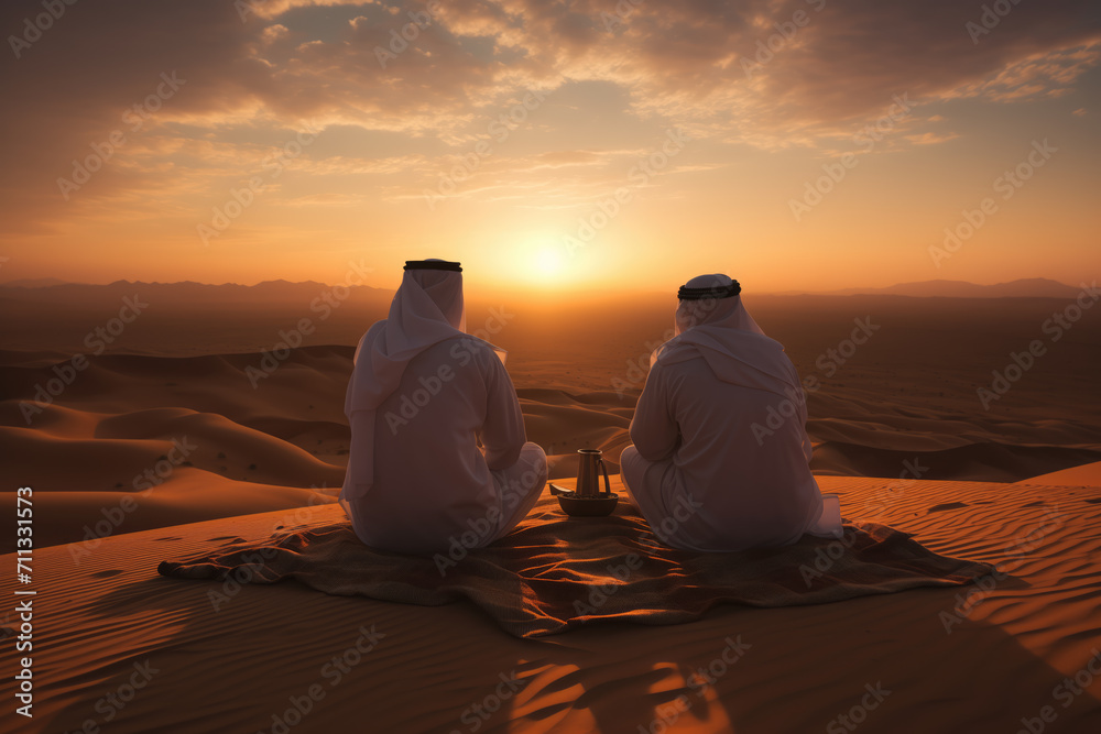 Two Saudi men in traditional clothing have a picnic in the dune desert ...