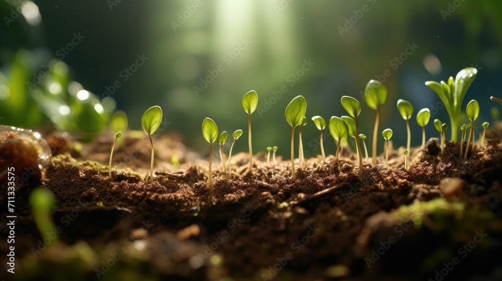 Green young plant sprout growth in the fertile soil with sunlight for ...