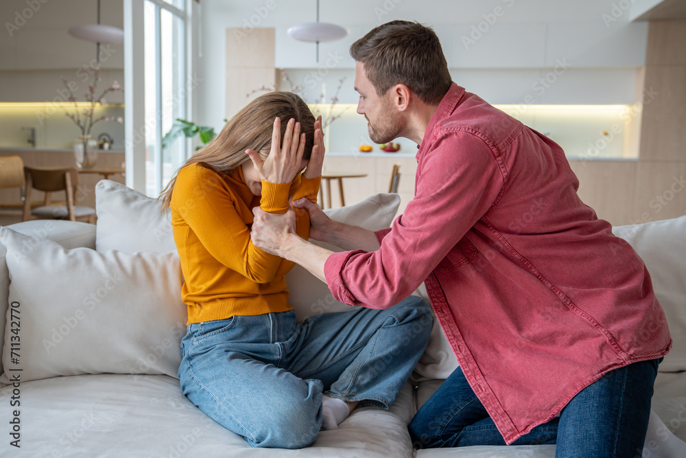 Jealous angry nervous husband shocked with wife adultery shouting ...