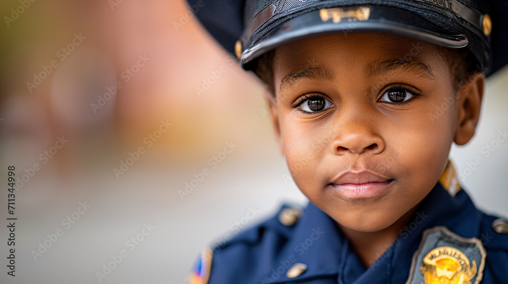 American african child boy dressed in a police uniform like the police ...