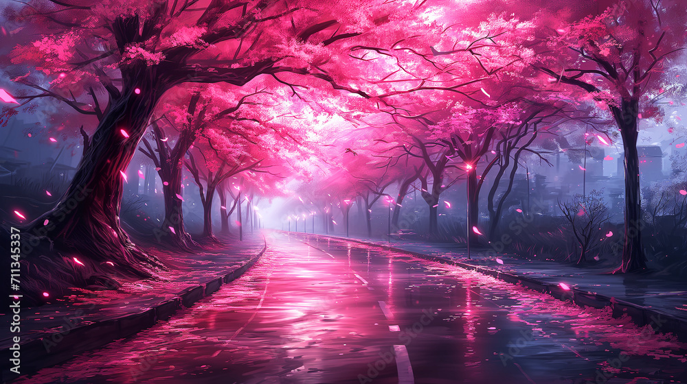magical pink forest with glowing leaves, reflecting on a wet path under ...