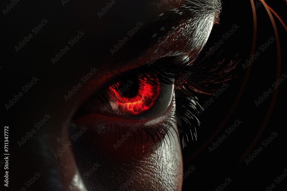 Woman's red eye in the dark. Piercing eyes. Burning demonic eyes. Copy ...