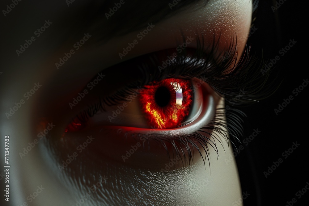 Woman's red eye in the dark. Piercing eyes. Burning demonic eyes. Copy ...