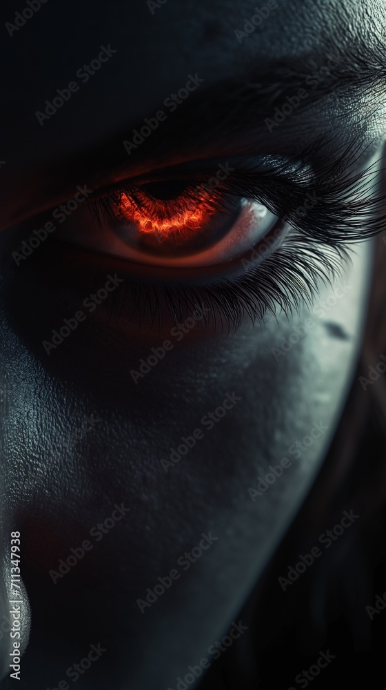 Woman's red eye in the dark. Piercing eyes. Burning demonic eyes. Copy ...