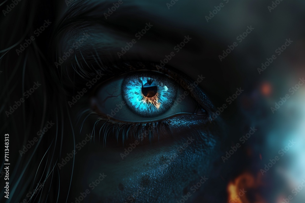 Woman's Blu eye in the dark. Piercing eyes. Burning demonic eyes. Copy ...