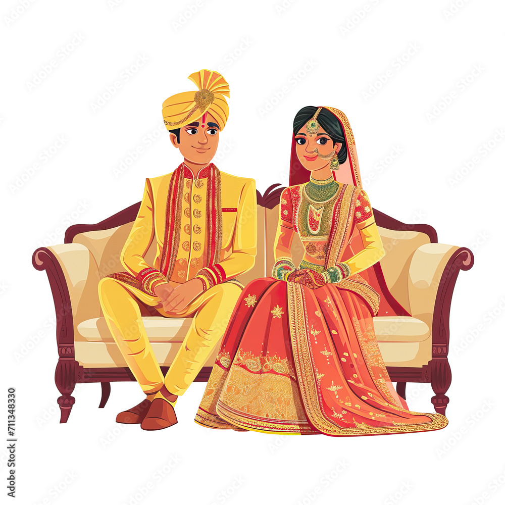 Indian wedding bride & groom sitting on couch isolated on transparent ...
