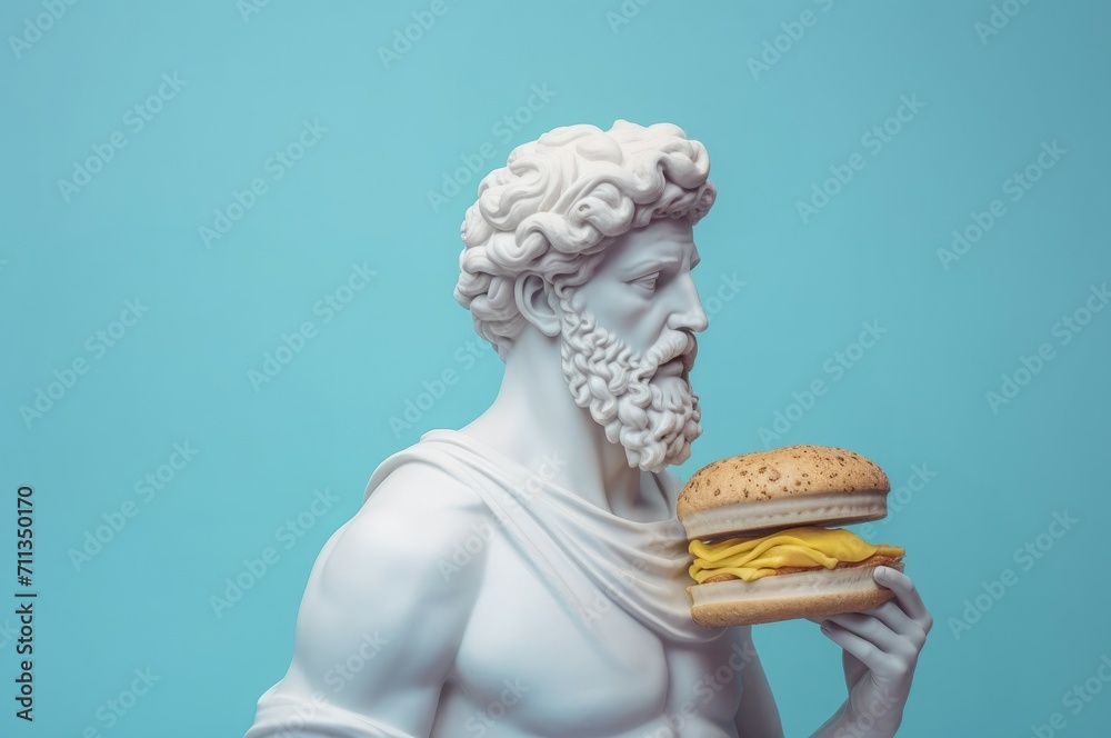 Greek deity Poseidon holding cheeseburger. Mythological historic god ...