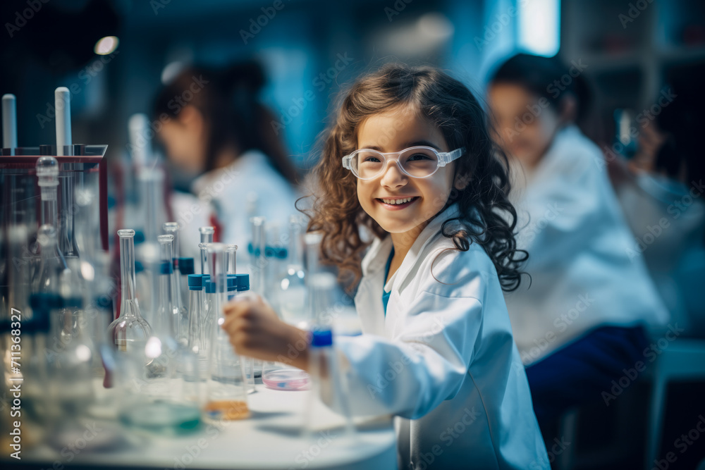 Young girl smiling in a lab coat and safety goggles conducting an ...