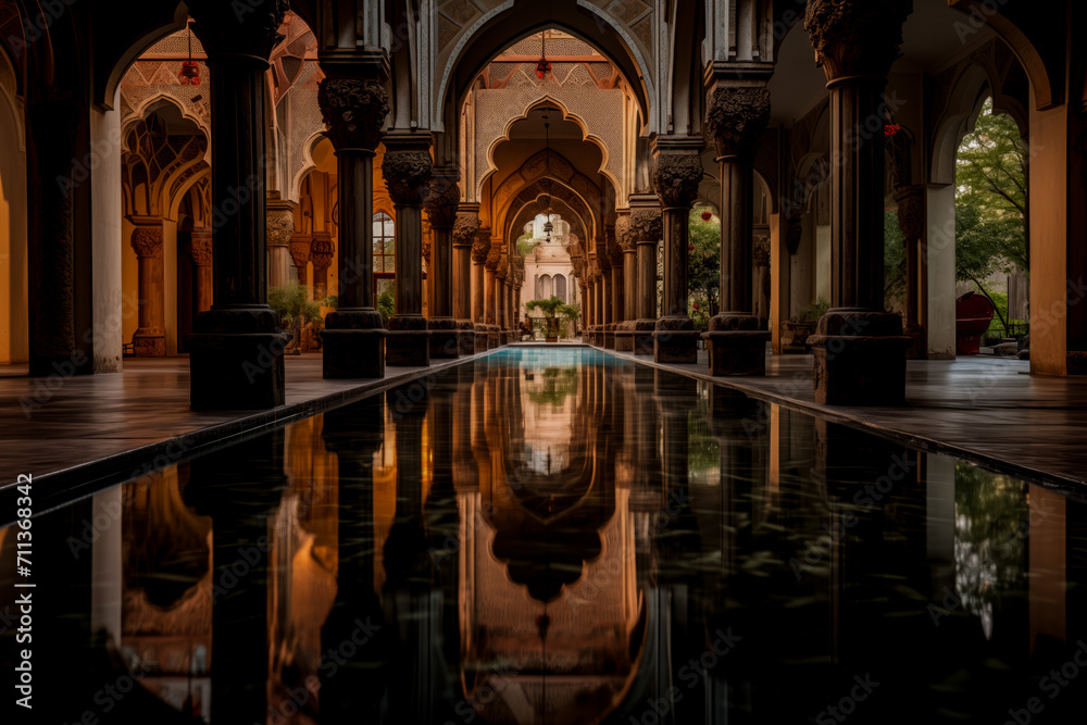 Serene view of a reflective corridor with Moorish arches and elaborate ...