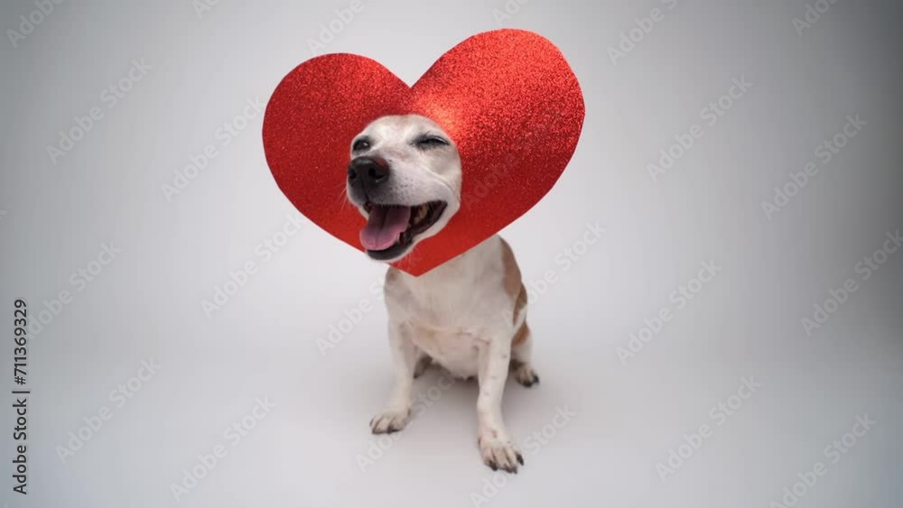 Cute dog with heart shaped decoration on the head looking at the camera ...