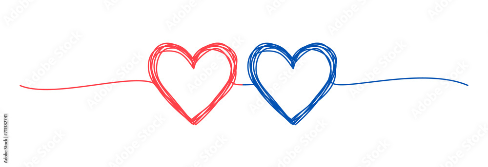 Two tangled hearts pink and blue hand drawn scribble with thin line ...