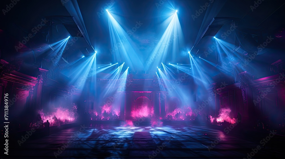 Neon-lit stage. Neon stage background, pedestal with neon light and ...