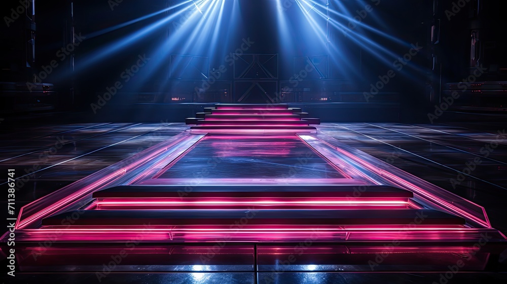 Neon Square stage background, pedestal with neon light and haze. Rays ...