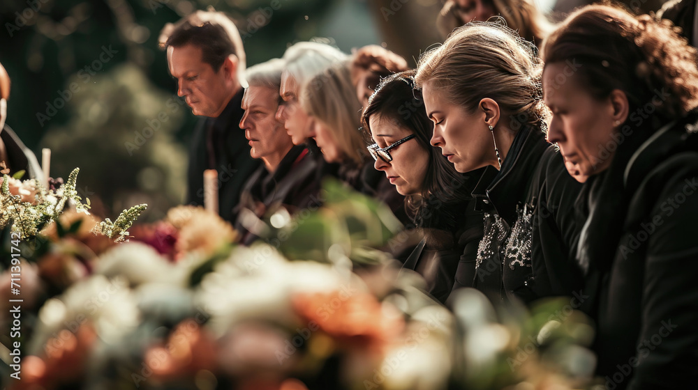 Death, funeral and coffin with family mourning, sad and depressed for ...