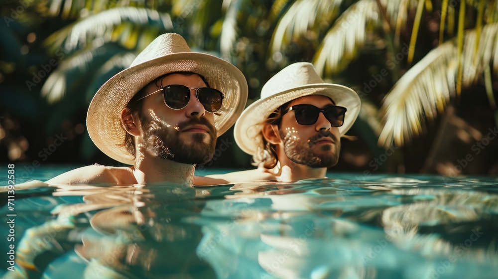 Gay couple wearing sunglasses relaxing in swimming pool or in a sea ...