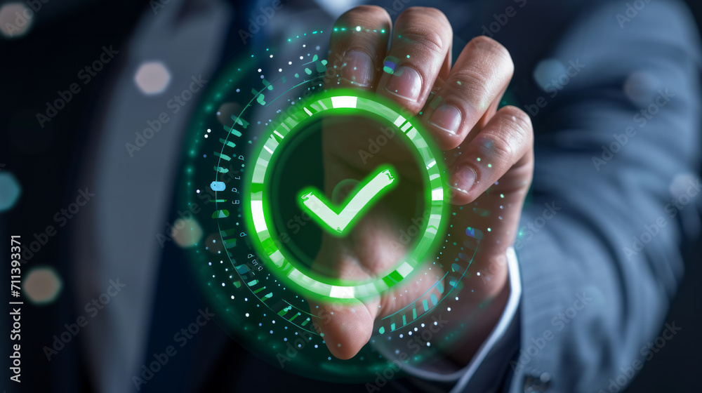 Green check mark for compliance, certification or audit concept with a ...