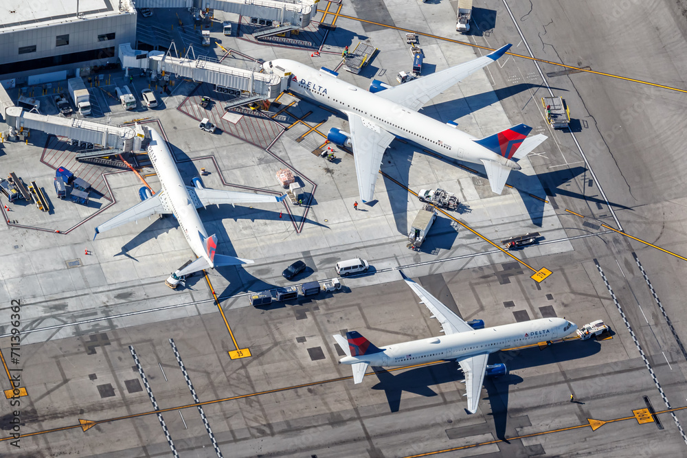 Delta Air Lines airplanes at Los Angeles Airport aerial view in the ...
