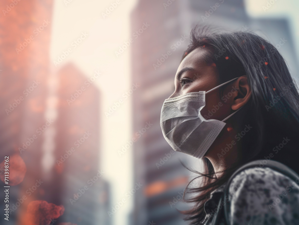 Woman Wearing N95 Mask for Outdoor Safety due to Fine Dust, Global ...