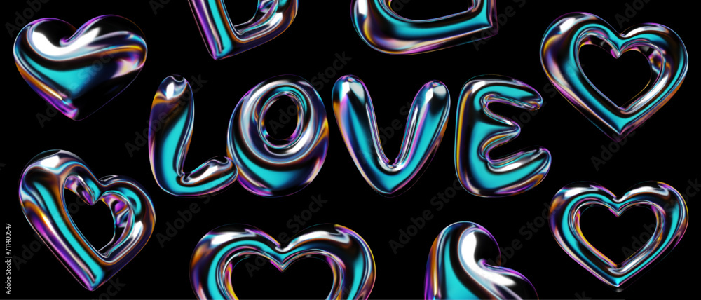 3D hearts set and LOVE text in balloon bubble font from liquid metal with a holographic glossy ...