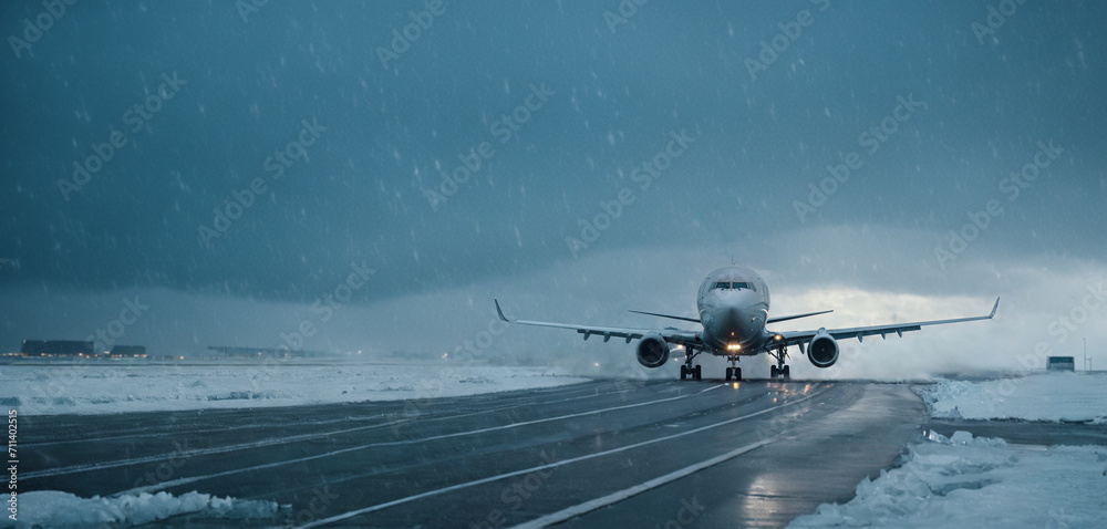 front-view plane landing on an airport, stormy storm wind, frozen ice ...