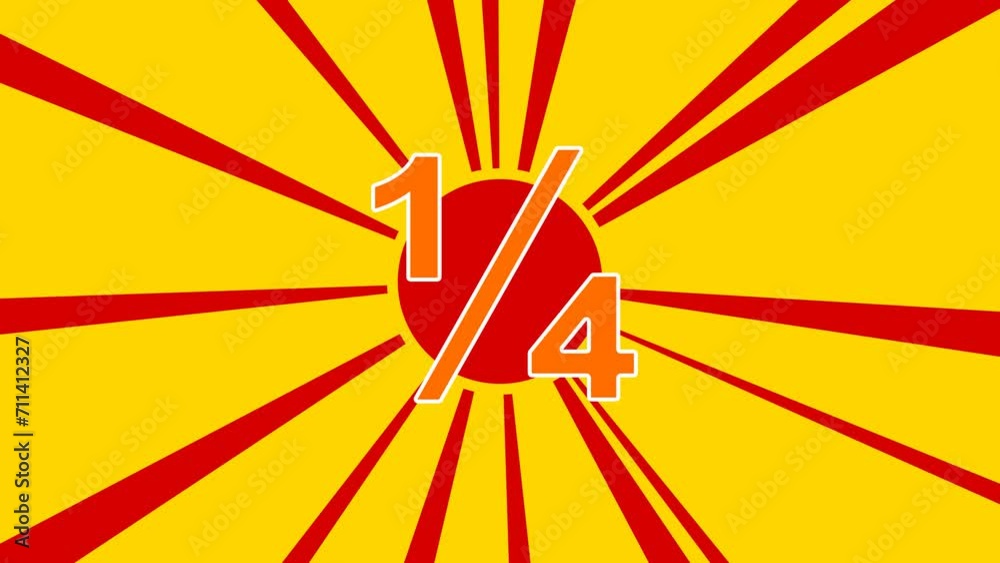 Quarter fraction symbol on the background of animation from moving rays ...
