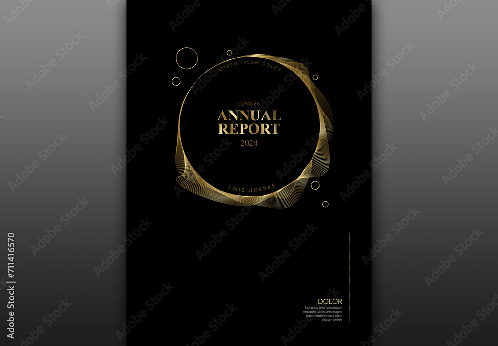 Annual black paper minimalistic report cover template with golden ...