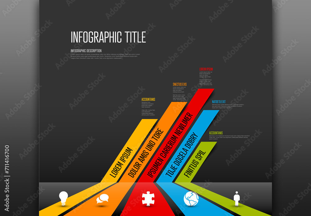 Dark Infographic graph schema with five column stripes icons and ...