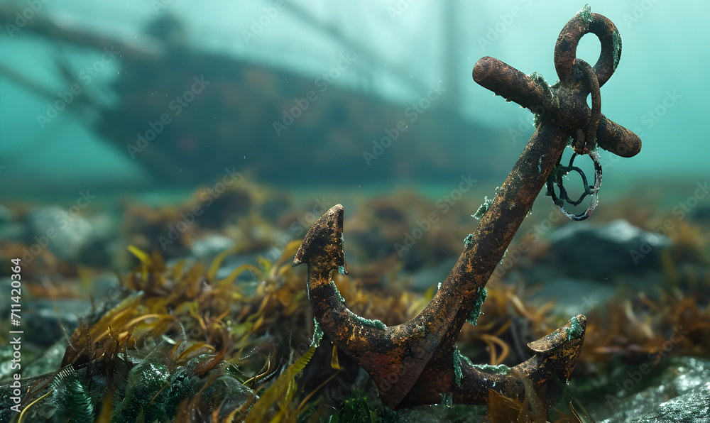 Sunken rusty anchor on the ocean floor. Anchor from a pirate ship ...