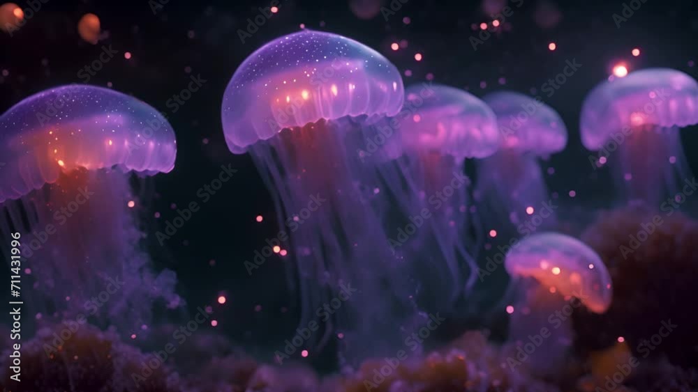 Jellyfish floating in magical ocean. Beautiful cosmic neon purple sea ...