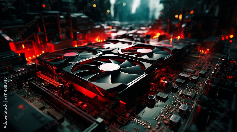 Motherboard CPU fan coolers for computer cooling system with red glow ...