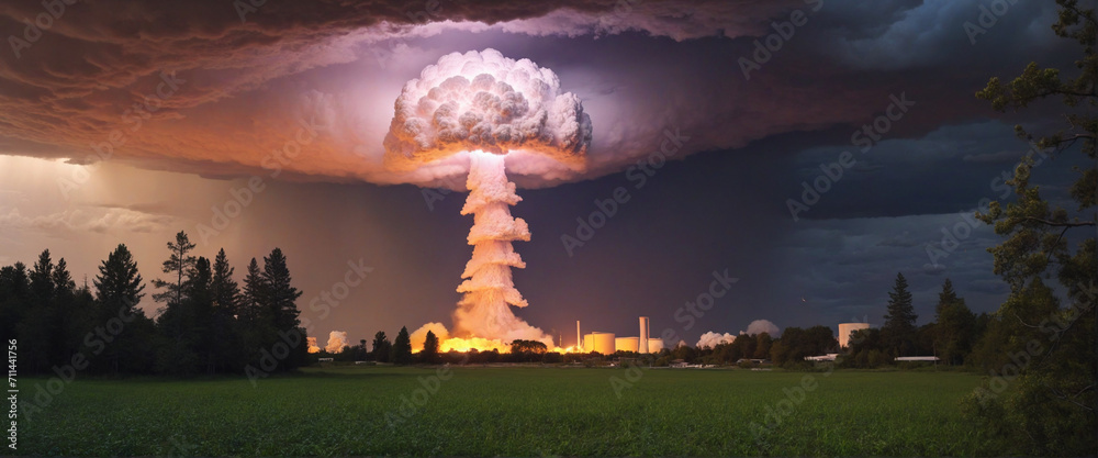 Nuclear detonation in stormy conditions, with shock wave and mushroom ...