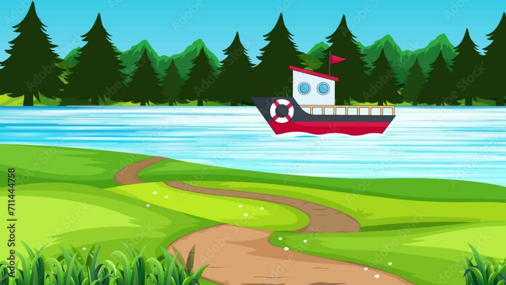 Cabin cruiser floating in blue waves in lake, forest lake background ...