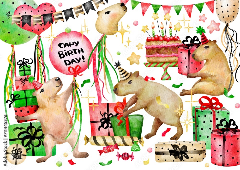 Capybara Birthday digital poster A3 horizontal,Capy party printable ...