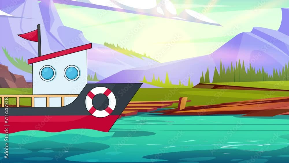 Vidéo Stock Cabin cruiser floating in blue waves in lake, forest lake ...