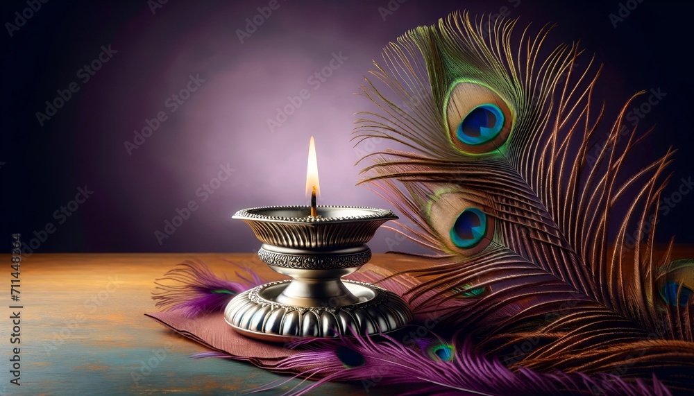Silver deepam oil lamp and peacock feathers with copy space for ...