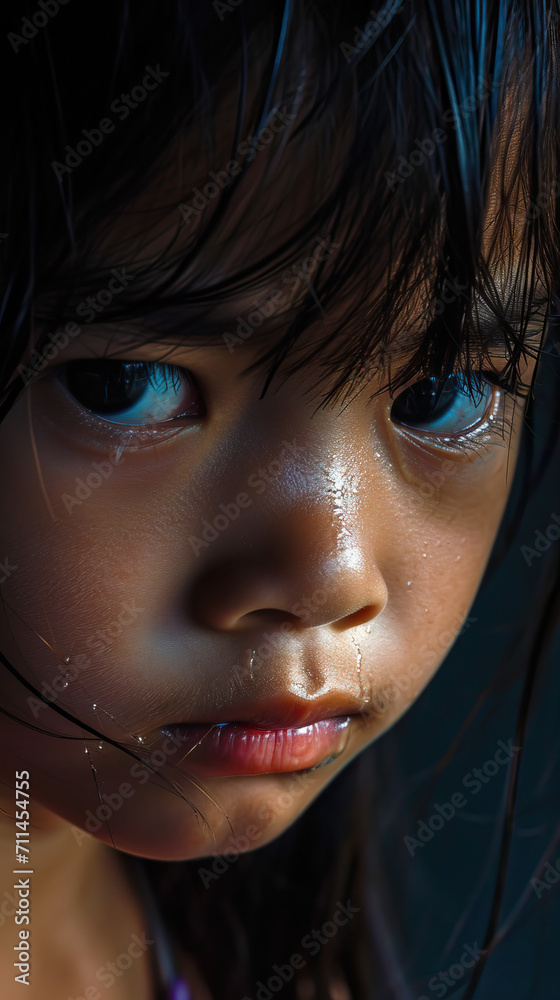 Portrait of a Young Asian Girl Crying, Tears Rolling Down Her Cheeks ...